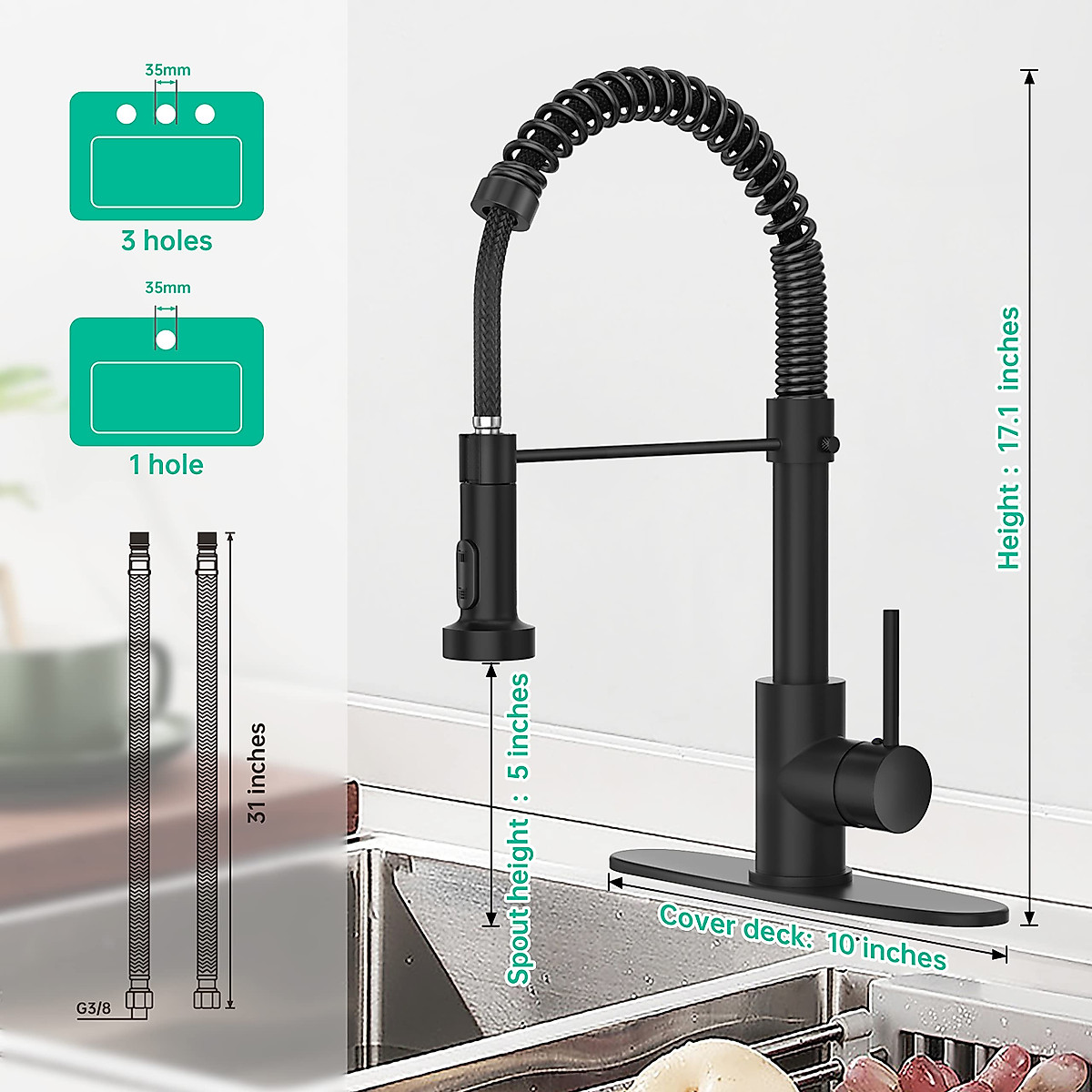 BASDEHEN Kitchen Faucets with Pull Down Sprayer, Black Spring Commercial Kitchen Sink Faucet Solid Brass with 10 Inch Mounting Table 1 Hole Or 3 Hole Compatible