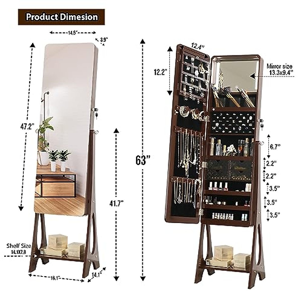 MASMIRE Standing jewelry Armoire organizer,Full Length mirror with storage (Brown, 63 * 14.5)