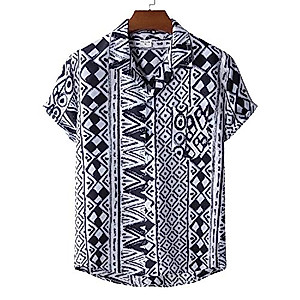 Men's Casual Summer Print Buttons Down Short Sleeves O-Neck Loose Beach Shirts Blouse Tops(F, XL)