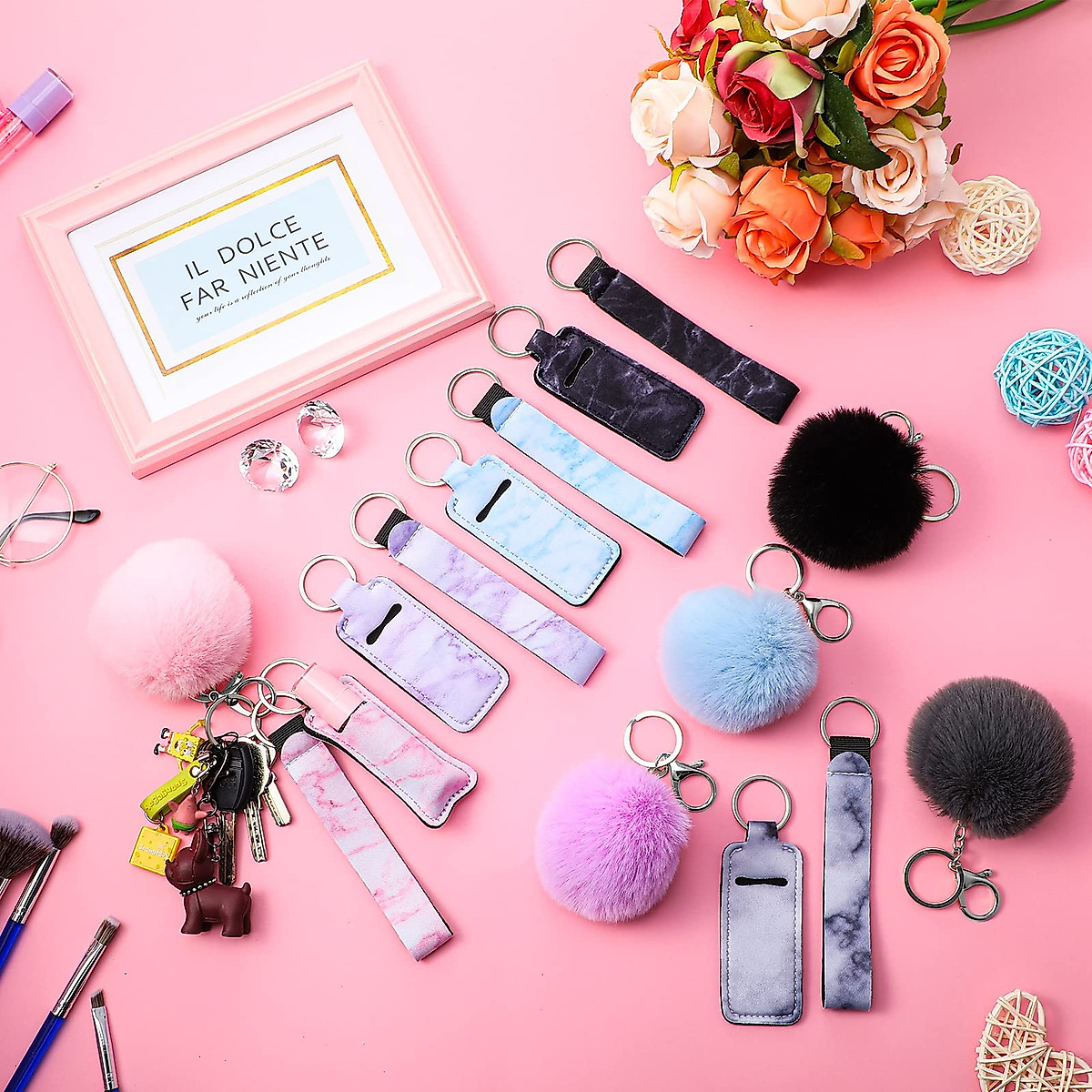 Hicarer 30 Pieces Marble Lipstick Holder Keychain Lip Balm Holder Set Lipstick Bags Set Includes Keychain Wristlet Lanyard, Marble Style Lip Balm Bag and Ball Pom Pom Accessory(Square)