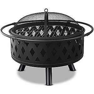 LEAYAN Garden Fire Pit Grill Bowl Grill Barbecue Rack Round Large Fire Pit with Protective Cover and Poker, Steel Outdoor Patio Heater, Garden and Charcoal Burner, Black,Outdoor Fire Pits