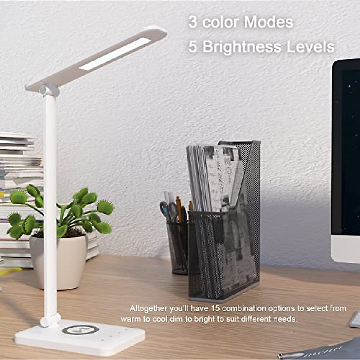 HDTIME LED Desk Lamp with Wireless Charging, Eye-Caring Table Lamp USB Charging Port, 3Lighting Modes 5Brightness Levels with Memory Function, Touch Control Adjustable Lamp15W Office, Reading, Study