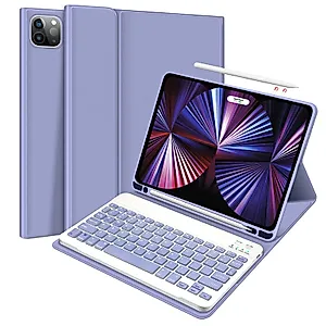 ABEIFAN iPad Pro 11 inch Case with Keyboard, Wireless Detachable Keyboard for iPad Pro 11-inch 4th 2022/ 3rd 2021/2nd 2020 with Pencil Holder, Grey Purple