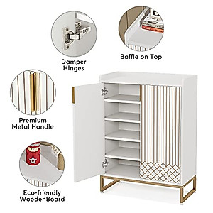 Tribesigns Shoe Cabinet, 25 Pairs Shoe Cabinets with Doors, White 5-Tier Wood Shoes Rack Organizer for Entryway, Freestanding Shoe Storage Cabinet with Gold Metal Frame for Bedroom Hallway Living Room