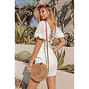 WOWLADY Round Rattan Bags Woman Handwoven Straw Purse Bag Crossbody Shoulder Leather Straps Natural Chic Leather Buckle