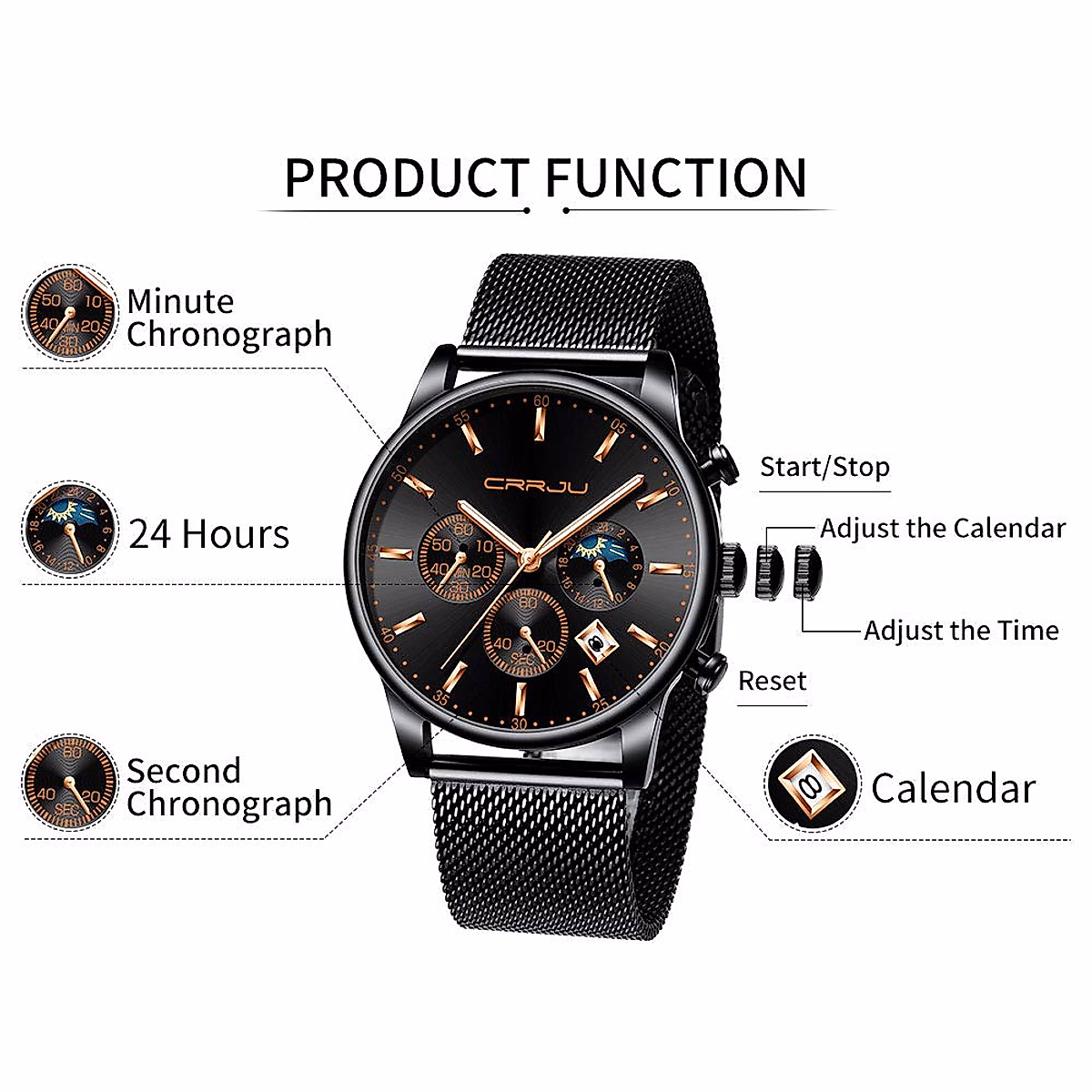 CRRJU Men Watch,Men Luxury Waterproof Unique Designed Watches 3-Sub Dial Date Mens Mesh Band Stopwatches