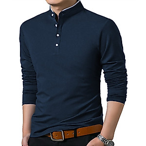 KUYIGO Men’s Casual Slim Fit Shirts Long Sleeve Polo Shirts Cotton Shirts Medium Navy