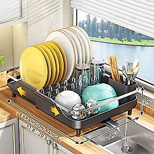 PXRACK Dish Drying Rack, Expandable(11.5"-19.3") Dish Rack for Kitchen Counter, Dish Rack and Drainboard Set, Dish Drainer with Utensil Holder for Kitchen Sink, Black