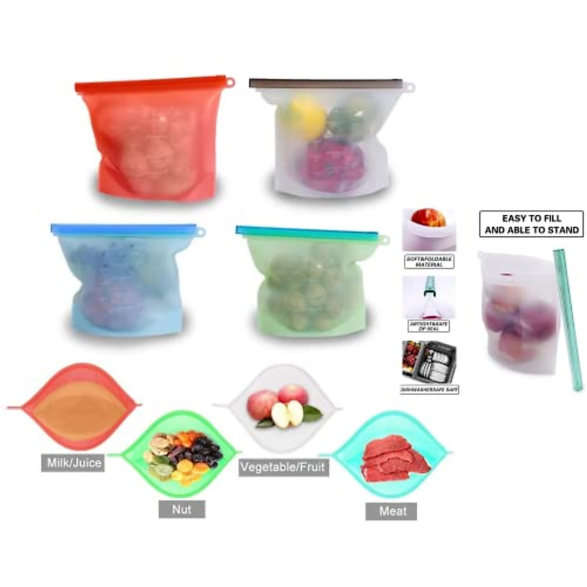 Silicone Reusable Storage Bags (1500ml | 2 Bags) with Stand By Nuccun, Airtight Ziplocks | Freeze | Microwave | Dishwasher Safe