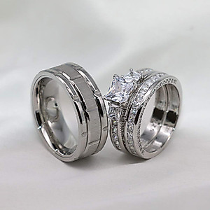 TWO RINGS Wedding Ring Sets His And Hers Promise Ring Couples Bridal Sets Women 925 Sterling Silver square Cz Man Stainless Steel Brushed Finished Wedding Bands