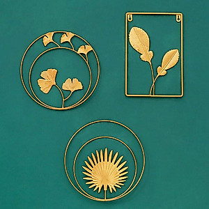 samanoya Iron Wall Sculptures,Metal Round Room Decor and Home Decor with Hanging Leaf Gingko Ornaments Great for Bedroom Hotel Wall Decoration (Gold（Round Square Suit）)