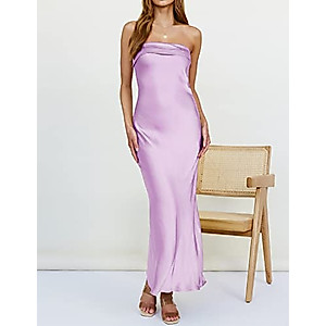 ZESICA Women's 2023 Summer Satin Strapless Dress Sexy Backless Bodycon Wedding Cocktail Party Maxi Dresses,Purple,X-Large