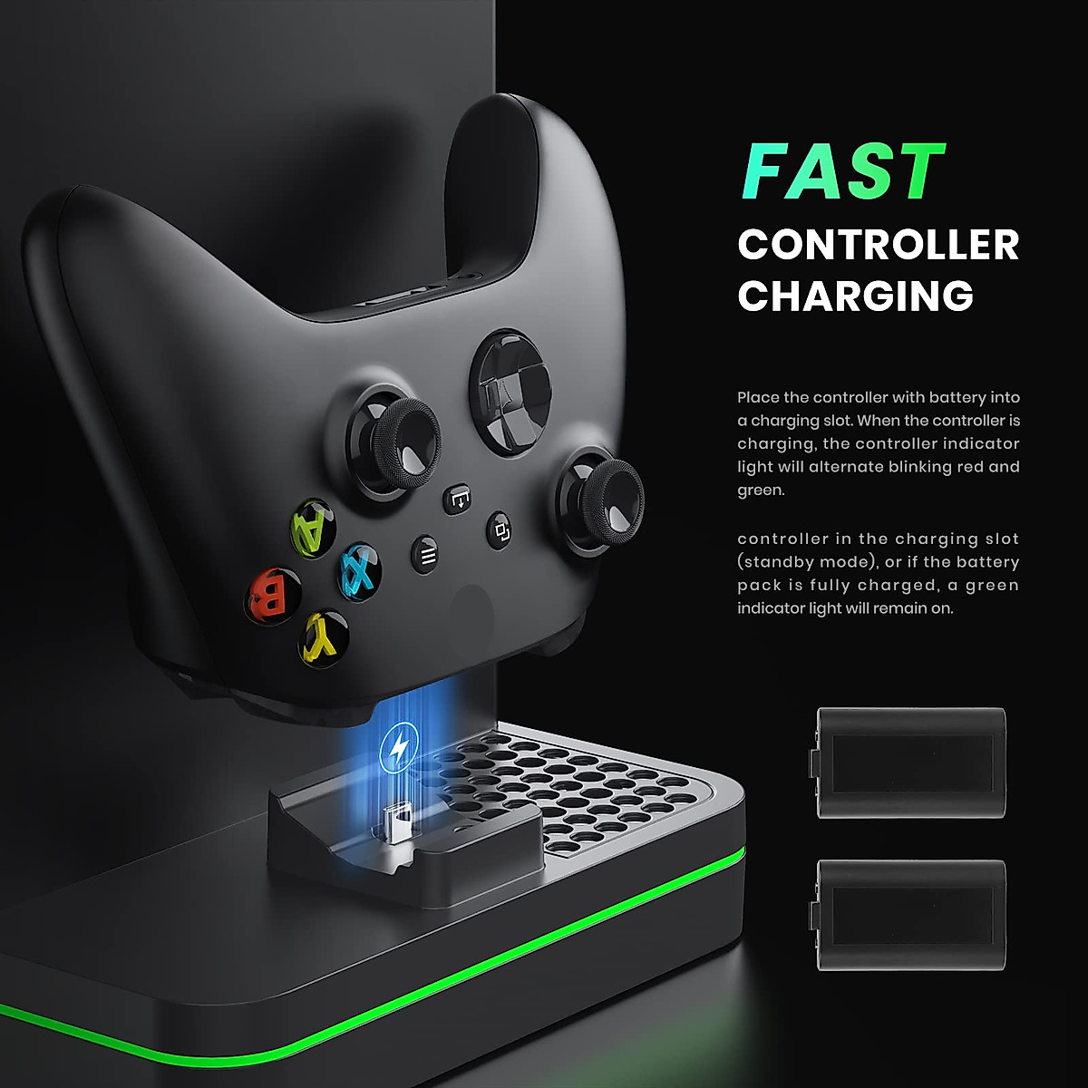 Charging Stand with Cooling Fan, CODOGOY Vertical Stand Compatible with Xbox Series X/S Console&Controller, Dual Controller Charger Station Dock with 3 USB Ports,2*1100 mAh Rechargeable Battery Packs