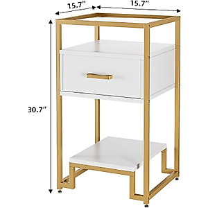 Nightstand Set of 2, End Table with Storage Drawer and 3-Tier Storage & Tempered Glass Top, Bedside Furniture with Steel Frame, Side Table for Bedroom, Dorm, Easy Assembly, White and Gold