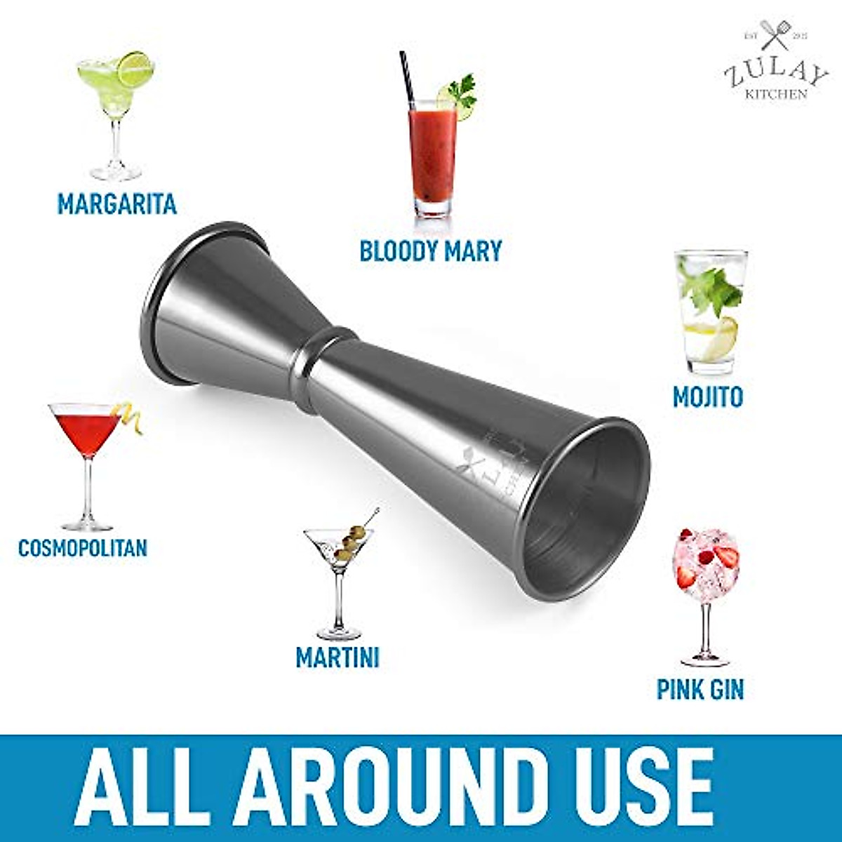 Zulay Kitchen Shot Measure Jigger For Bartending - Cocktail Jigger 18/8 Food-Grade Stainless Steel - Jigger 2 oz 1 oz Etched Markings - Cocktail Measuring Cup Japanese Jigger - Double Jigger (Black)