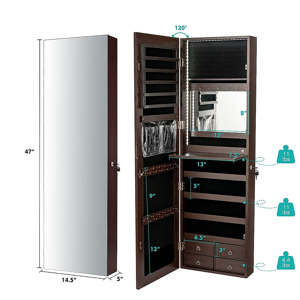 CHARMAID LED Strip Jewelry Armoire with 47.2" H Full Length Mirror, Wall/Door Mounted Jewelry Organizer with Built-in Mirror, Flip-over Cosmetic Tray, 4 Drawers, Large Storage Jewelry Cabinet (Coffee)