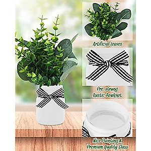 Nefelibata Farmhouse Mini Mason Jar Decor for Tiered Tray with Artificial Eucalyptus Leaves Small Floral Arrangement Rustic Faux Plants for Home Kitchen Office Desk Black White Small Greenery Set of 3