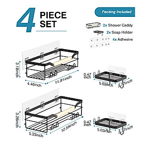 TJ.MOREE Shower Caddy 4 Pack, Adhesive Black Bathroom Shelves with 2 Soap Holders, Farmhouse Bathroom Decor, No Drilling Rustproof Shower Rack Organizer for Bathroom & Kitchen, RV, Apartment, Dorm