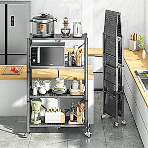 4-tier Storage Shelves for Storage,foldable Collapsible Metal Shelving with Rotational Wheels, Standing Storage Unit Utility Shelf Racks Rolling Cart for Laundry Bathroom Kitchen Pantry Closet, Grey