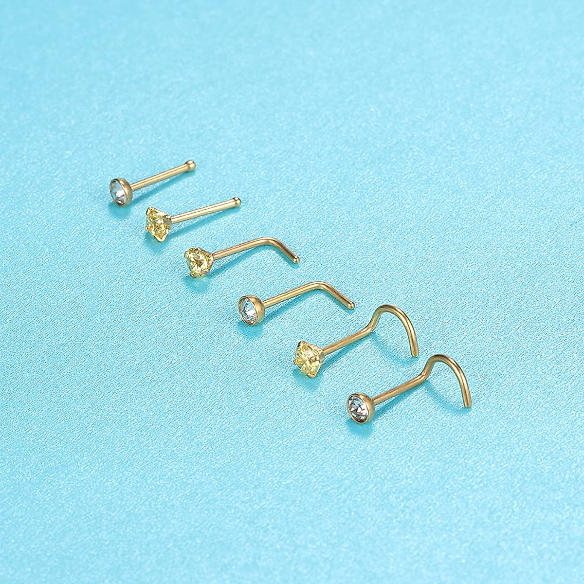 BodyAce 12pcs 20g Gold Nose Ring Hoop Nose Studs for Men Women Nose Piercing Jewelry Diamond Septum Ring Nose Bones/L Shaped/Nose Screw Sets Stainless Steel Nostril Studs (Gold)