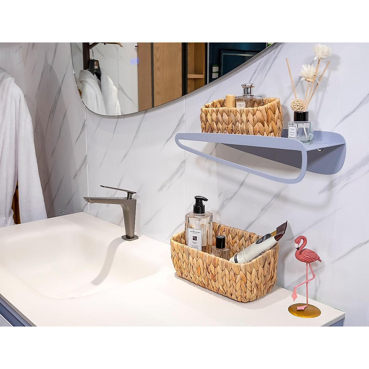 Ellinia Woven Hanging Wall Baskets for Storage, Water Hyacinth Bathroom Wall Mount Organizer, Wicker Wall Baskets Decor for Letters and Mail, Food Storage Basket, Toilet Tank Basket, Set of 2