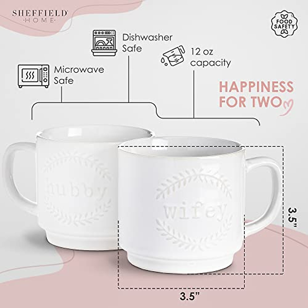 Sheffield Home Wifey and Hubby Coffee Mug Set- White Ceramic Couples Coffee Cups- Cute Set of 2 (12 oz Each) Stackable Mugs Sets- Engagement Mugs for Couples
