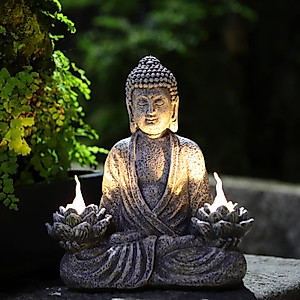 NC Buddha Statue Zen Sculpture, Yoga Garden Decor with LED Solar Flowers Lights, Sitting Meditating Buddha Serene Decorative Figurinefor Patio Yard Lawn Ornaments, Backyard,Inside or Outside