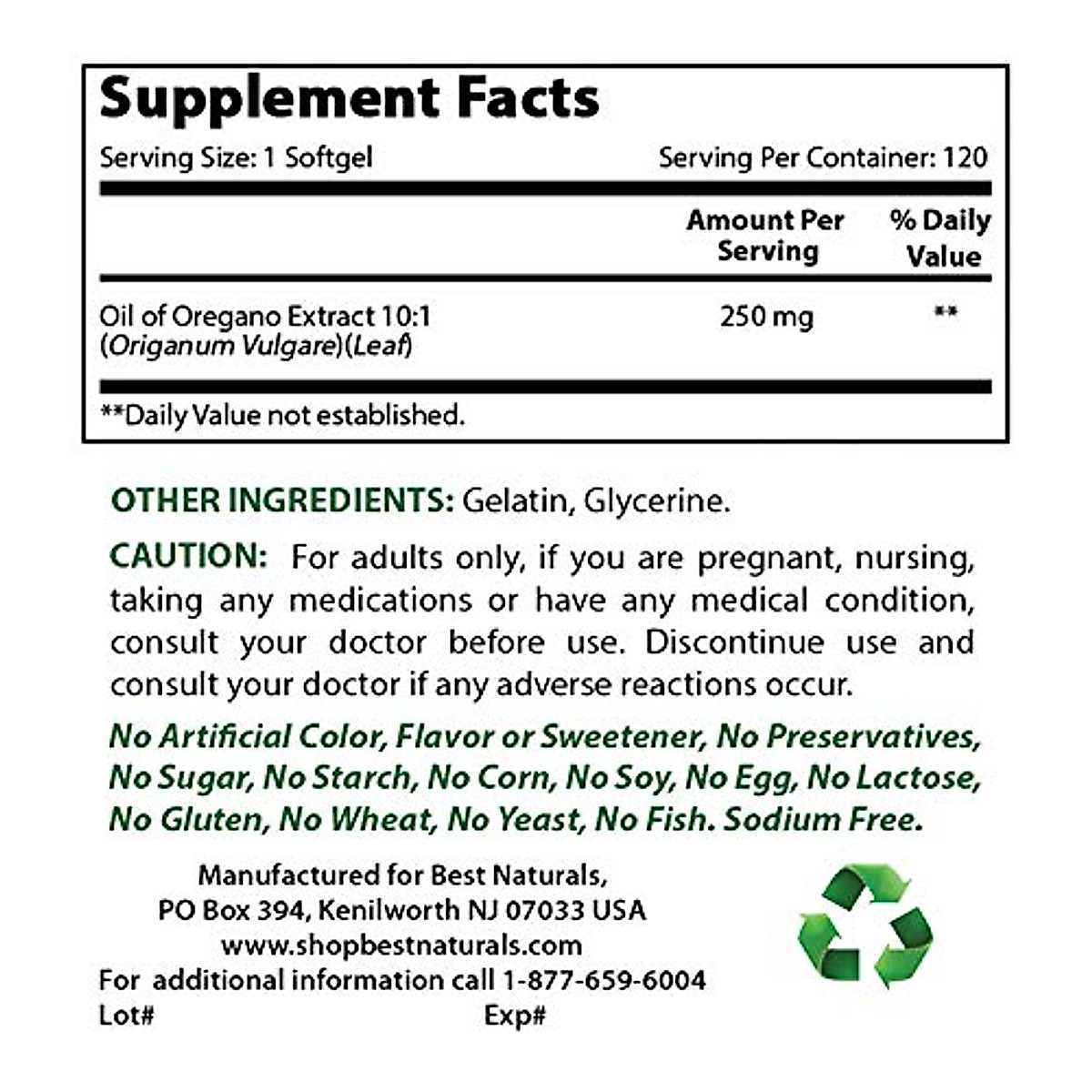 Best Naturals Oregano Oil 250 Mg Softgels, 120Count