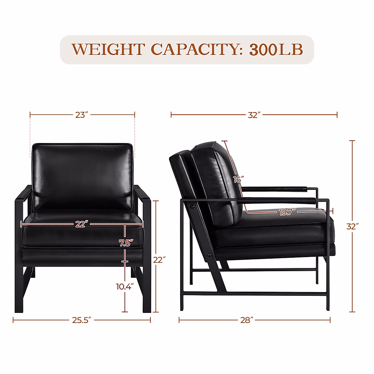 Yaheetech PU Leather Armchair, Retro Leisure Accent Chair with Extra Soft Padded and Cushion, Modern Reading Arm Chair with Black Metal Frame for Living Room/Office/Bedroom/Study Black