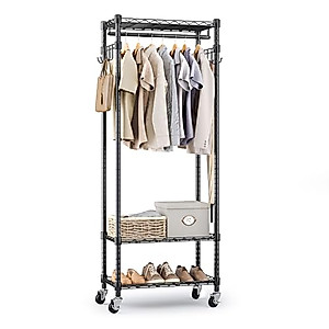 NATRKE Rolling Garment Rack 3 Tiers Heavy Duty, Adjustable Freestanding Clothing Rack With Wheels, Garment Rack with Storage Shelves 2 Pairs Side Hooks, Max Load 420 lbs, Black S1