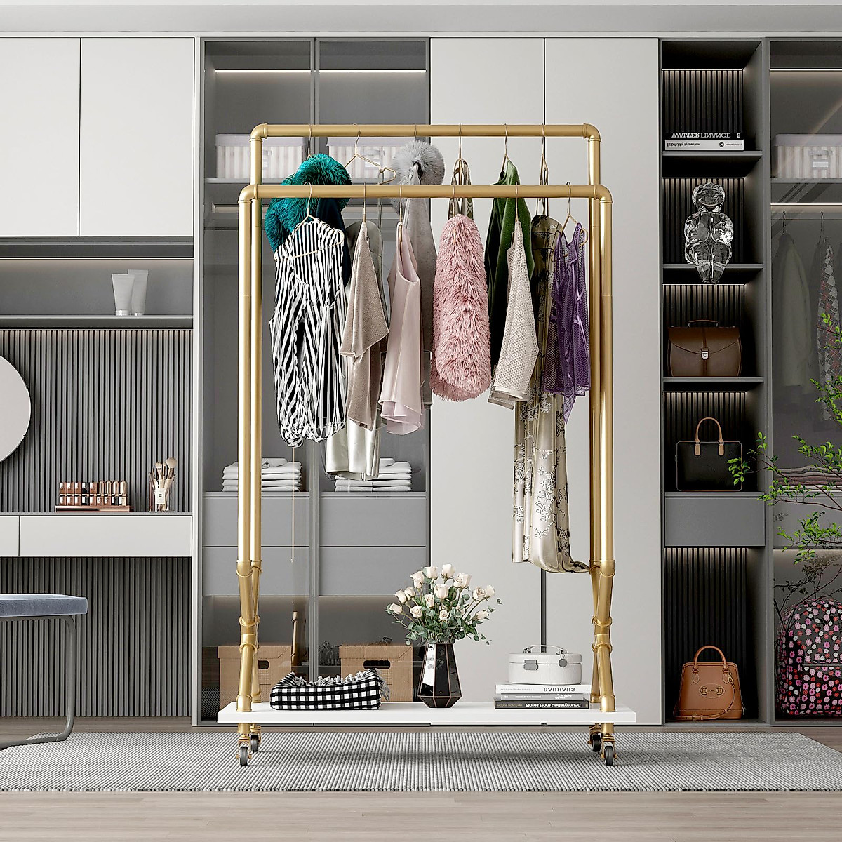 ORSENIGO Industrial Pipe Clothing Rack with Double Rods for Hanging Clothes, Heavy Duty Rolling Clothes Rack with Shelf for Home Boutique Retail Use (Gold)