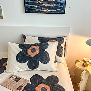 BlueBlue Flower Kids Duvet Cover Set, 100% Cotton Bedding for Boys Girls Teens, Cartoon Cute Dark Gray Black Floral Pattern on Cream White, 1 Full Comforter Cover 2 Pillow Shams (Queen)