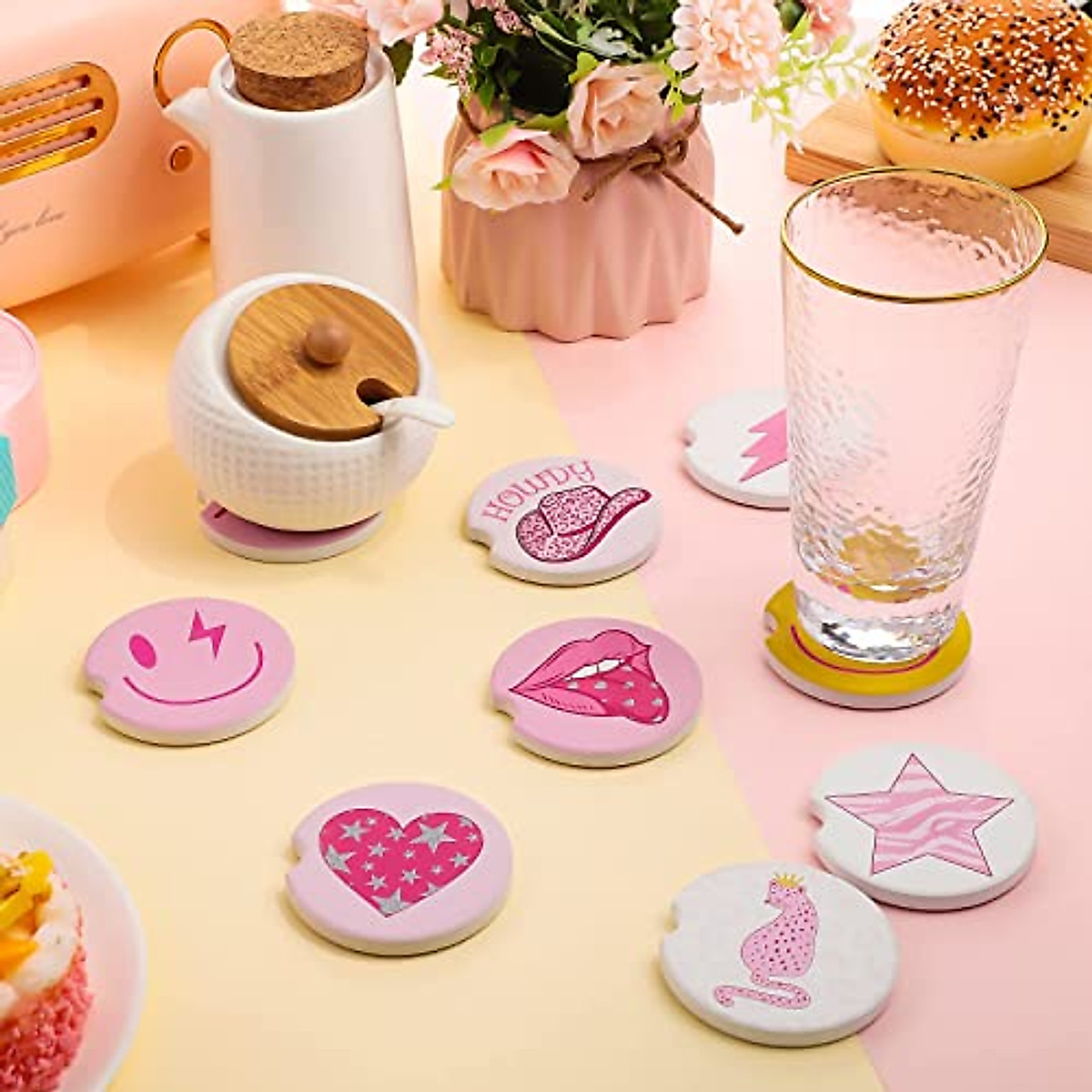 Newtay 9 Pcs Preppy Car Coasters with Finger Notch Aesthetic Smile Lip Lightning Bolt Leopard Absorbent Ceramic Coasters with Cork Base Preppy Aesthetic Car Drinks Coasters for Auto Accessories, Pink