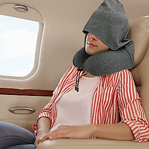 Cirorld Neck Pillow for Travel, Memory Foam Travel Pillow with Hood, Adult Airplane Pillow for Head Rest Neck Support, Portable Pillow for Office Cars Trains Long Flights Sleeping (Deep Grey)