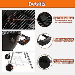 Hykolity 22 in. Kettle Charcoal Grill, Kettle Grill with Wheels, Built-In Thermometer, Porcelain-Enameled Lid and Bowl, Slide Out Ash Catcher, Charcoal BBQ Grill for Outdoor Cooking, Patio, Backyard