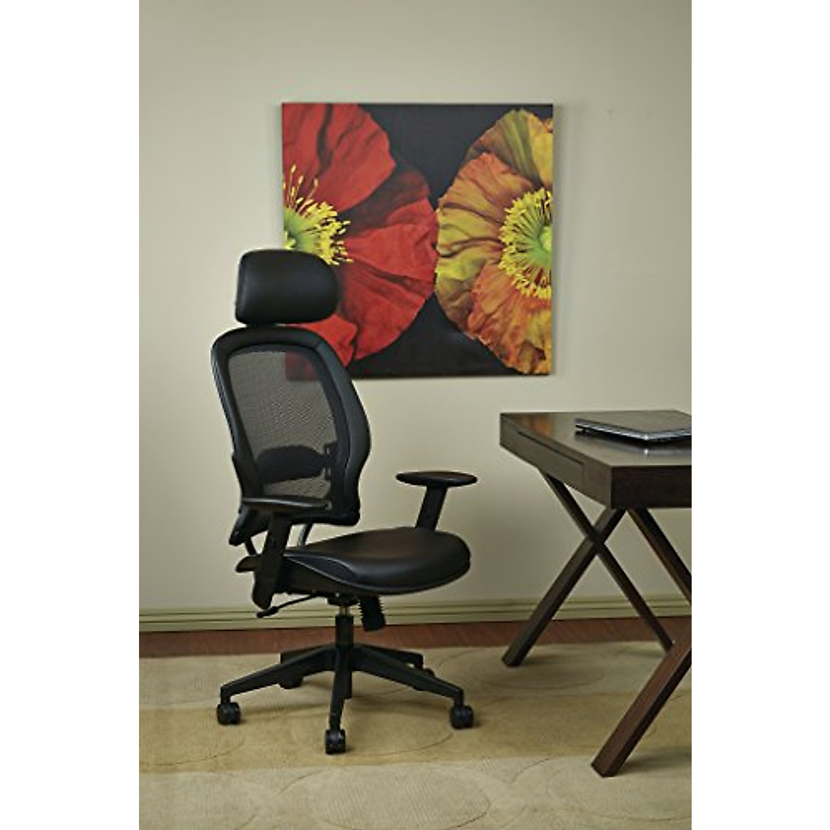 SPACE Seating Professional AirGrid Dark Back and Padded Black Eco Leather Seat, 2-to-1 Synchro Tilt Control, Adjustable Arms and Tilt Tension with Nylon Base Executives Chair with Adjustable Headrest