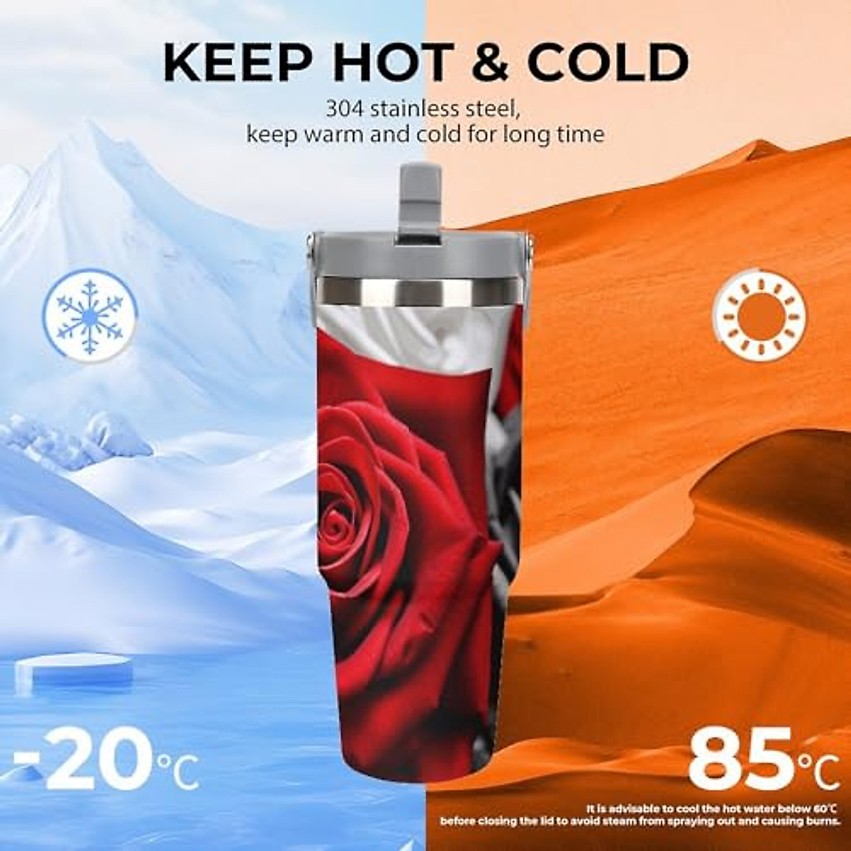 30oz Stainless Steel Insulated Tumbler with Flip Lid & Straw, Leakproof Travel Mug for Car, Black White And Red Roses Double Wall Vacuum Thermal Coffee Cup with Handle, Spill-Proof Design for Hot/Cold