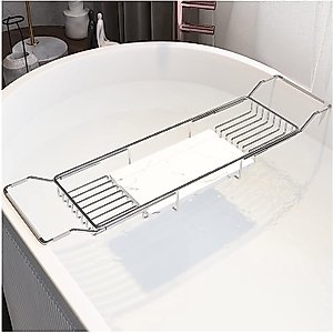 Bathtub Caddy Tray, Extendable Stainless Steel Bath Tub Tray Racks with Marble Chopping Board, Shower Organizer for Hotel Spa Shower Stall (Color : Silver+White)