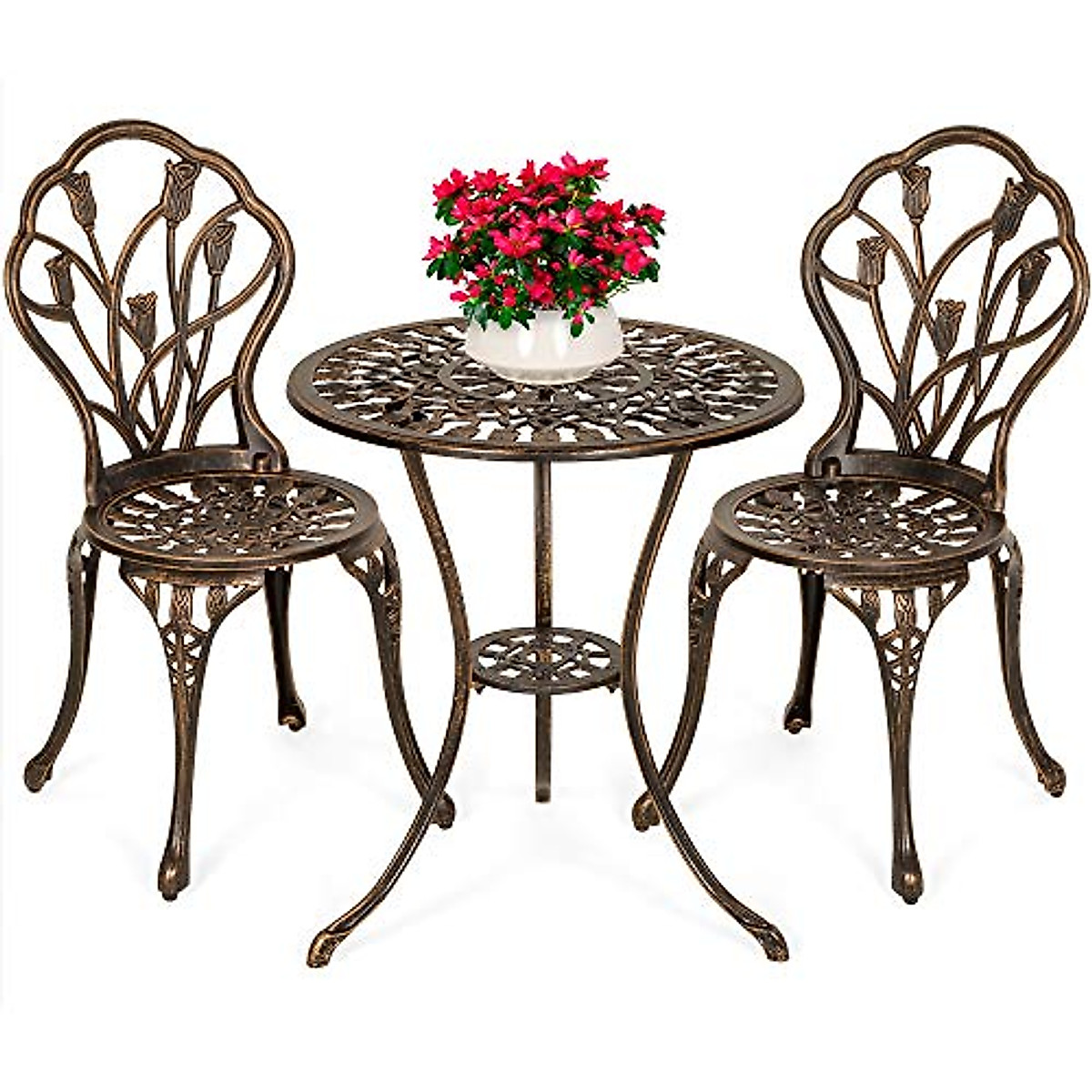 Best Choice Products 3-Piece Outdoor Rust-Resistant Cast Aluminum Patio Bistro Set w/Tulip Design, Antique Finish - Copper