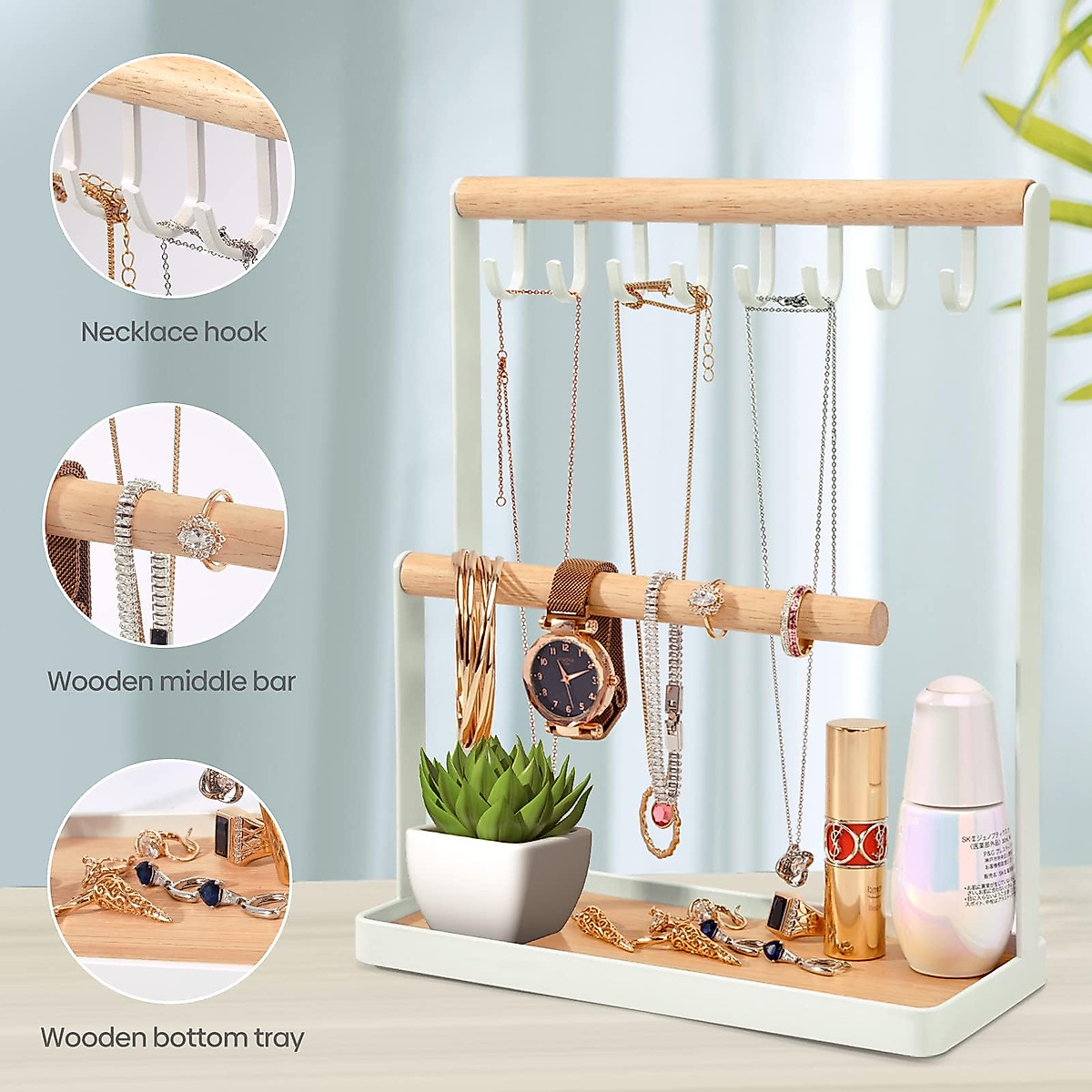 Portin Jewelry Organizer Display Stand Holder with Wooden Ring Tray and Hooks Storage Necklaces Bracelets, Rings, Watches Metal Desk Organizer Stand