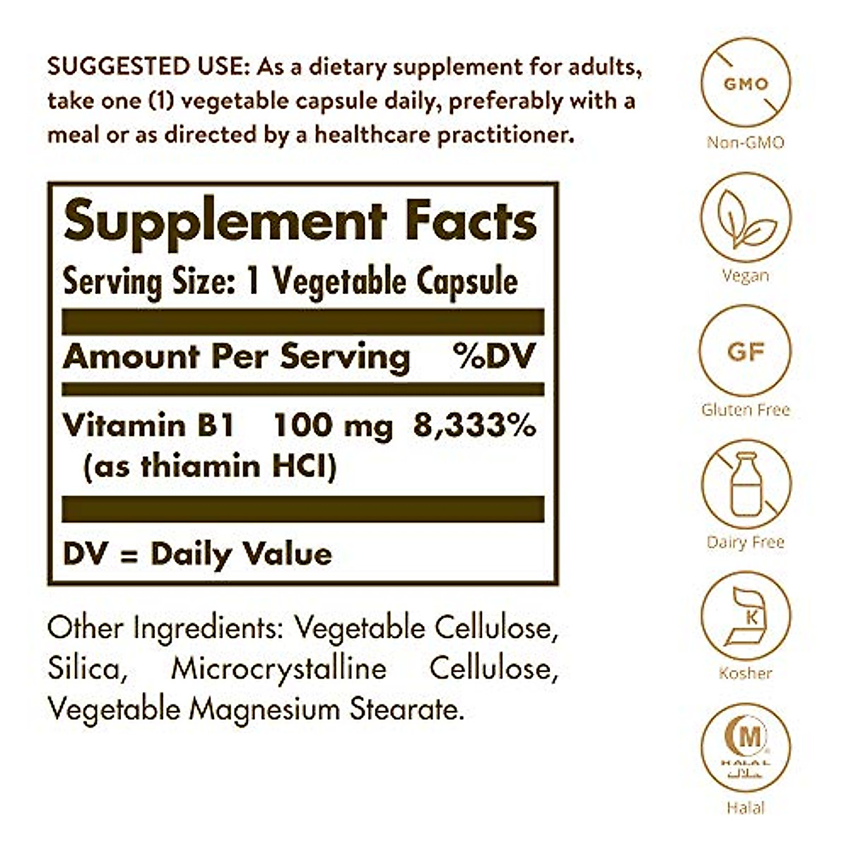 Solgar Vitamin B1 (Thiamin) 100 mg, 100 Vegetable Capsules - Energy Metabolism, Healthy Nervous System, Overall Well-Being - Non-GMO, Vegan, Gluten Free, Dairy Free - 100 Servings