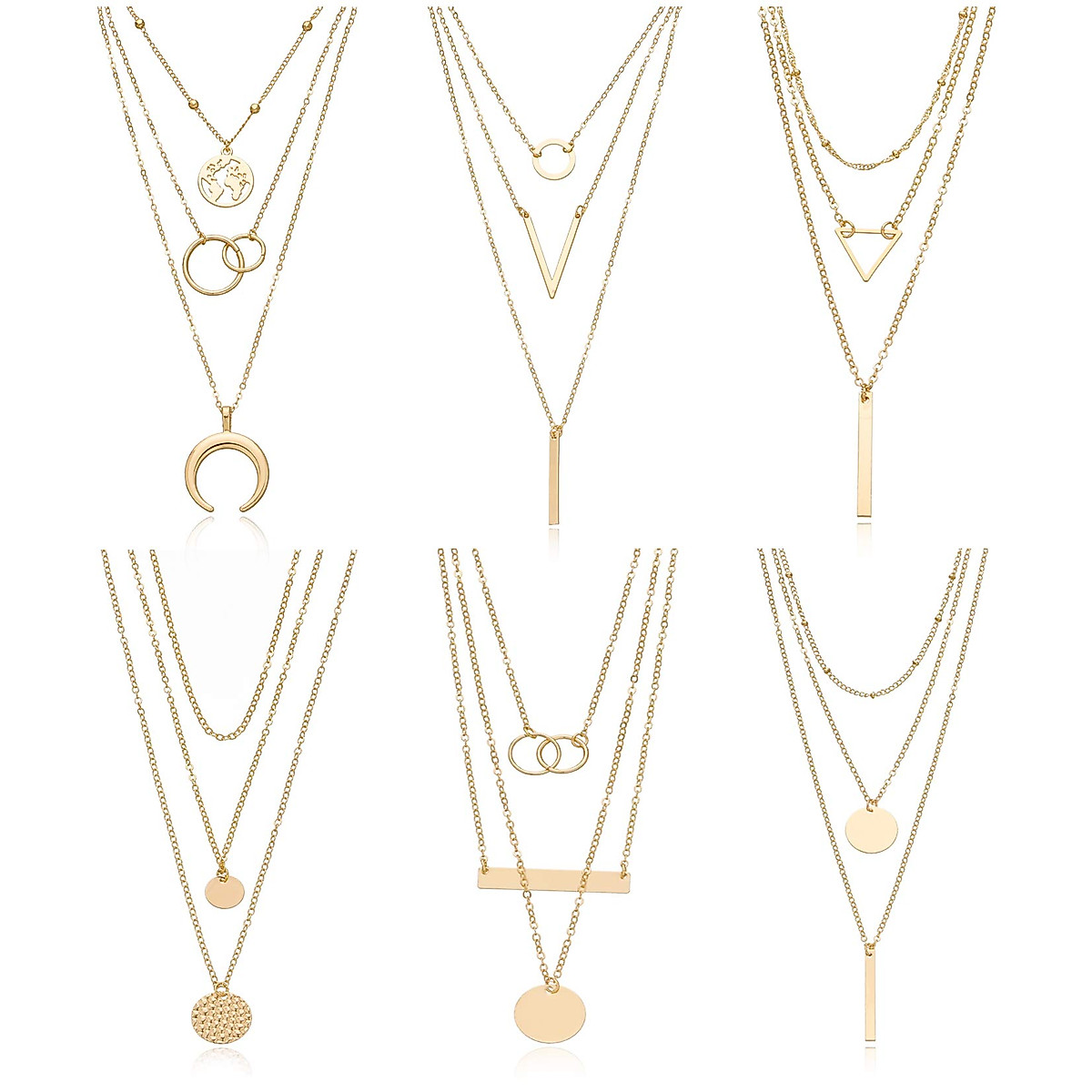 Biokia 6 Pieces Layered Necklaces For Women Long Necklaces Gold Choker Necklaces Map Coin Bar Crescent Moon Necklace Layered Y Pendant Necklace Multilayer