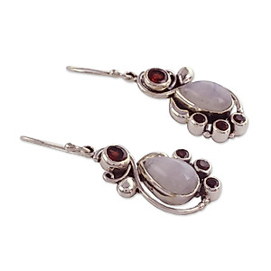 NOVICA Artisan Handmade Garnet Rainbow Moonstone Dangle Earrings with Sterling Silver Clear Red India Birthstone [1.7 in L x 0.4 in W] ' Exquisite'