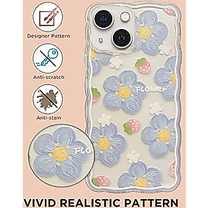 GUSDBSW Compatible with iPhone 13 Case Cute for Women Girls, Fashion Wave Grip Design & Aesthetic Curly Pattern, Clear Soft TPU Phone Case - Blueberry Flower