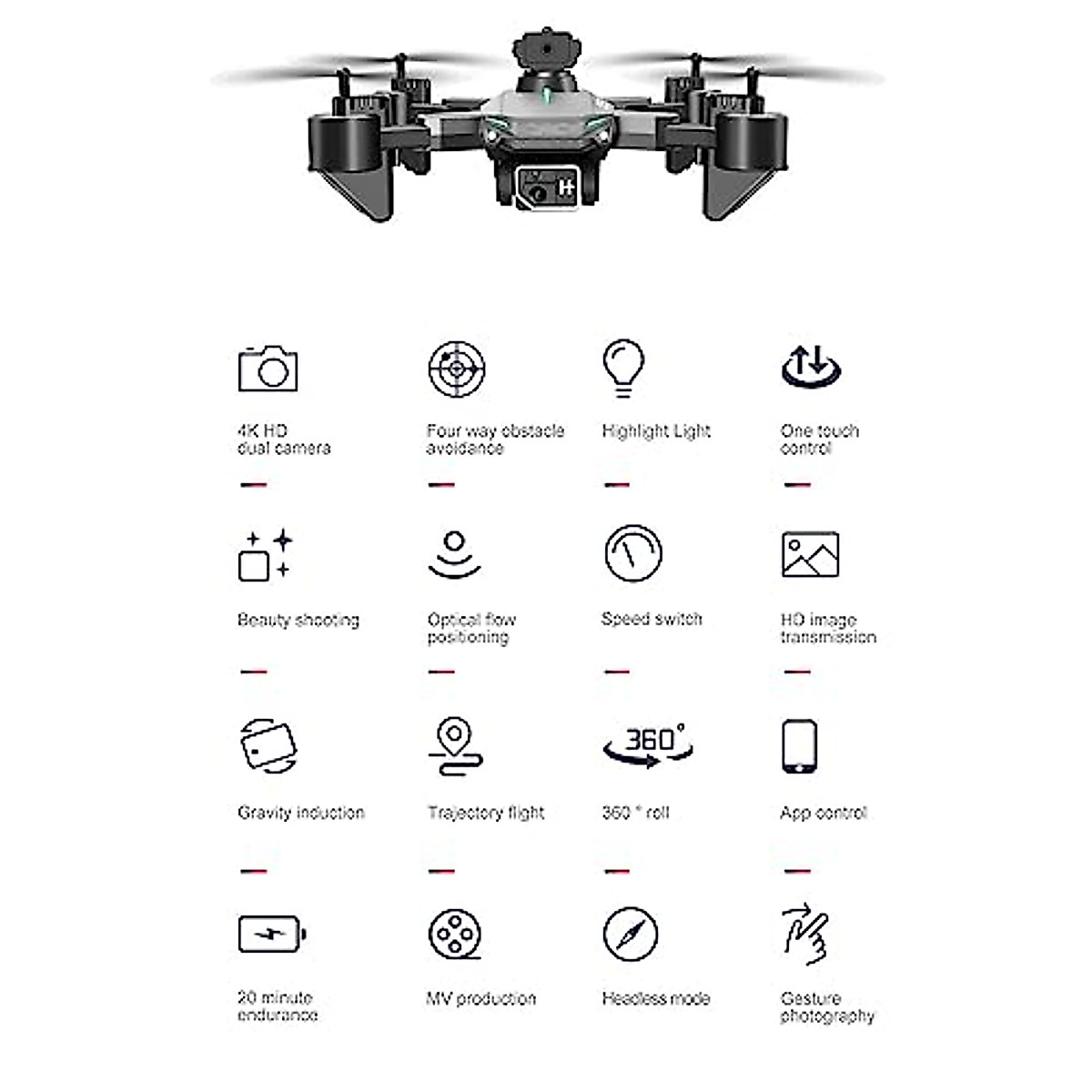 KY605 RC Drone 4K HD Dual Camera, 50X Zoom RC Quadcopter Helicopter, Optical Flow Positioning Obstacle Avoidance Drone with Night Flight Lights, 360 Degree Stunt Roll