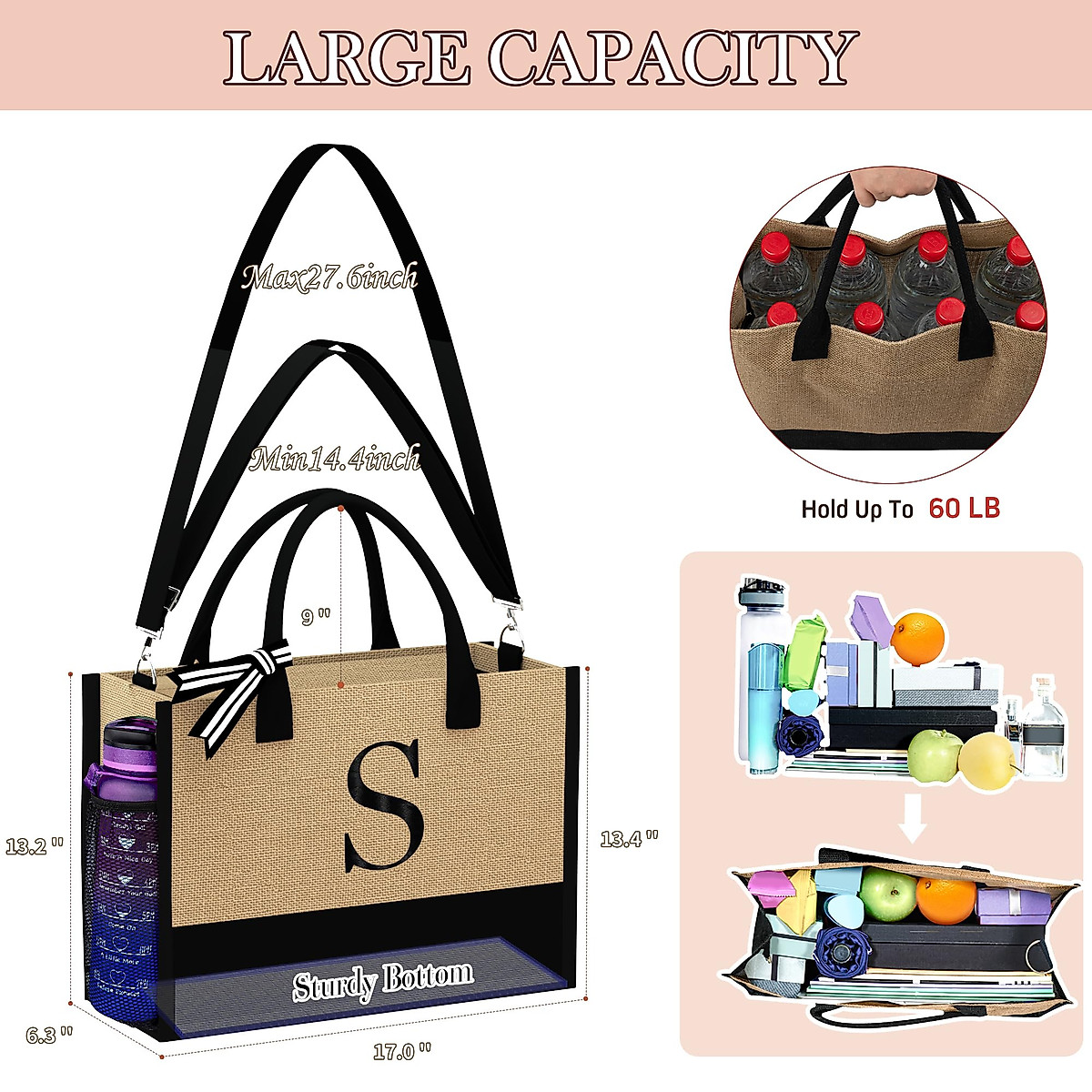 TOPEAST Mother's Day Gifts - Initial Tote Bags with Zipper Pocket, Teacher Appreciation Gifts Birthday Gifts for Mom Grandma, Monogrammed Customized Gifts Bridesmaids Bride Gift Bag Letter M