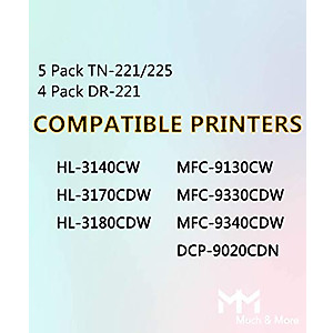 MM MUCH & MORE Compatible TN221 TN-225 TN-221 TN225 Toner Cartridge & DR221CL DR221 Drum Unit Replacement for Brother HL-3140CW HL-3170CDW MFC-9130CW MFC-9340CDW (9-Pack, 5 x Toner + 4 x Drum)