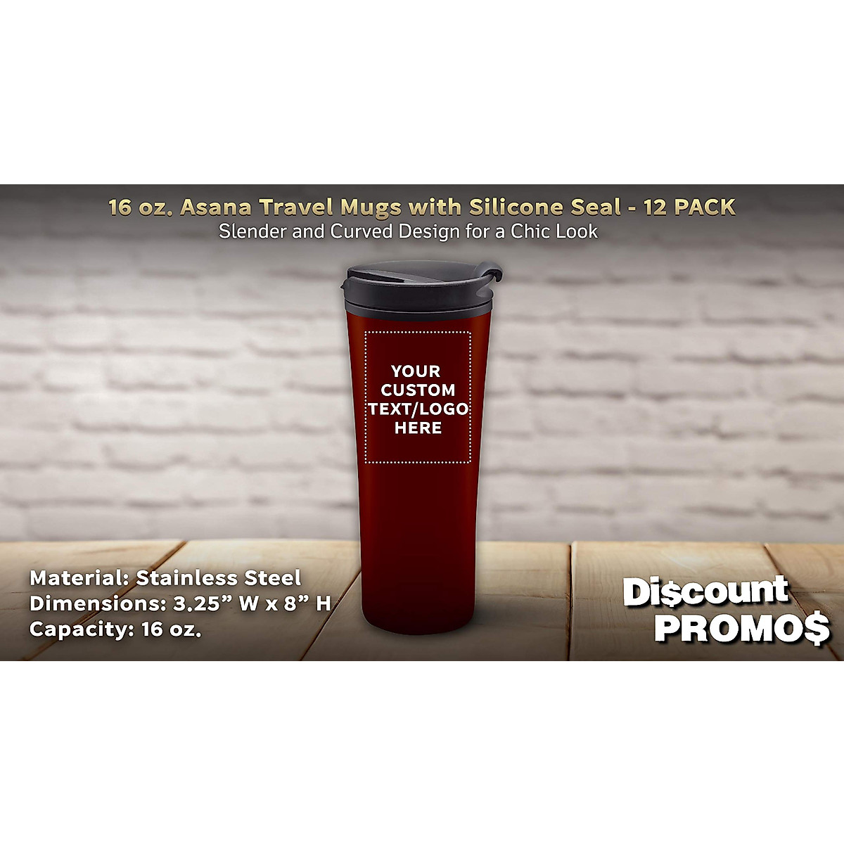 Personalized 16 oz. Asana Travel Mugs with Silicone Seal - 12 Pack - Custom Text, Logo - Red