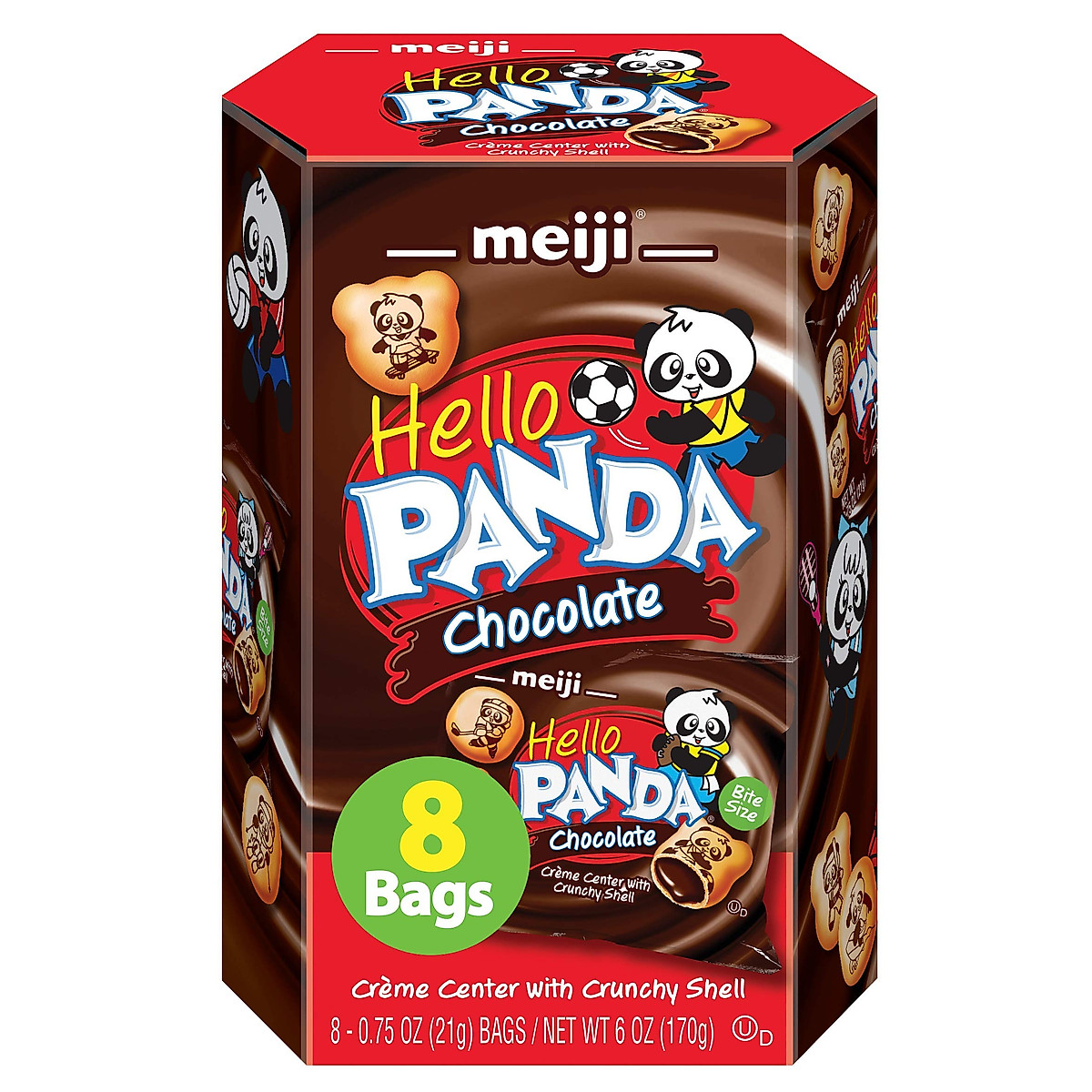 Meiji Hello Panda Cookies, Chocolate Crème Filled - 6 oz, Pack of 8, 64 Bags Total - Bite Sized Cookies with Fun Panda Sports