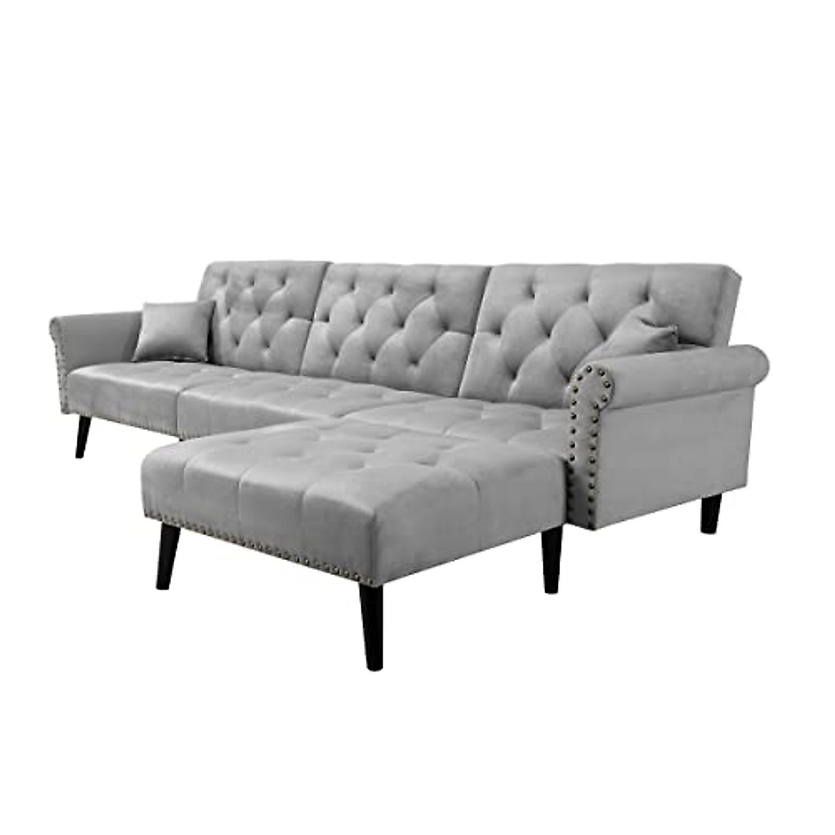 LCH Velvet Convertible Sleeper Sectional Sofa Bed,Reversible L Shaped Button Tufted Couch Furniture Set with Chaise Lounge 2 Pillows for Living Room, Office, Light Grey